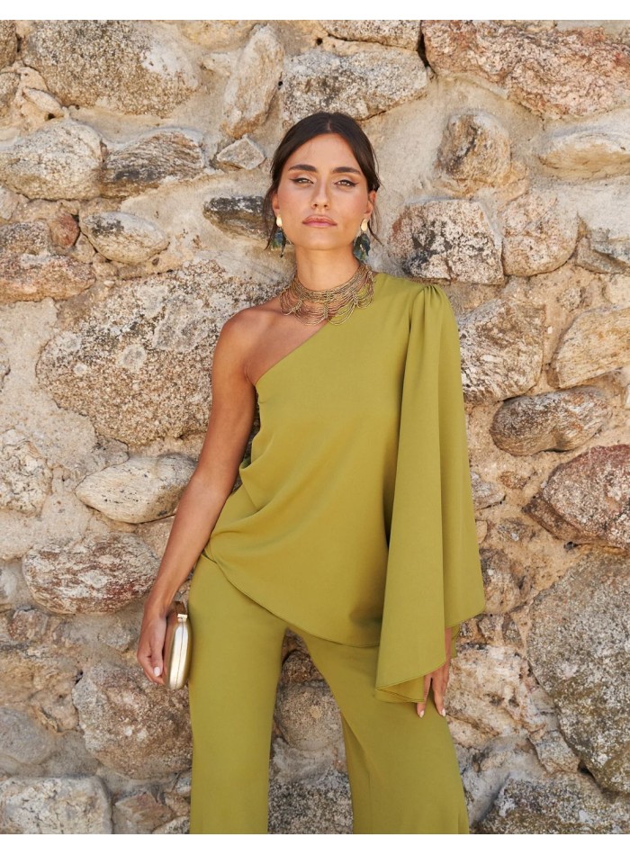 Olive green asymmetric neckline blouse for events | INVITADISIMA