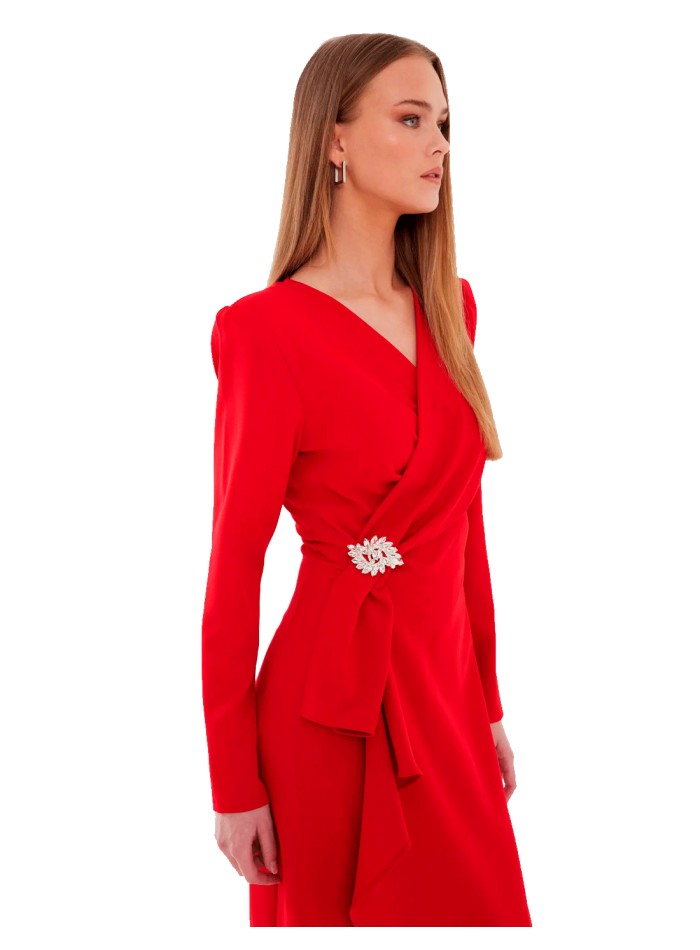 Midi evening dress with crossover neckline and long sleeves | INVITADISIMA