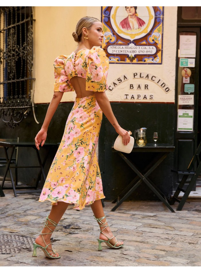 Floral Print Midi Party Dress With Short Puffed Sleeves Invitadisima