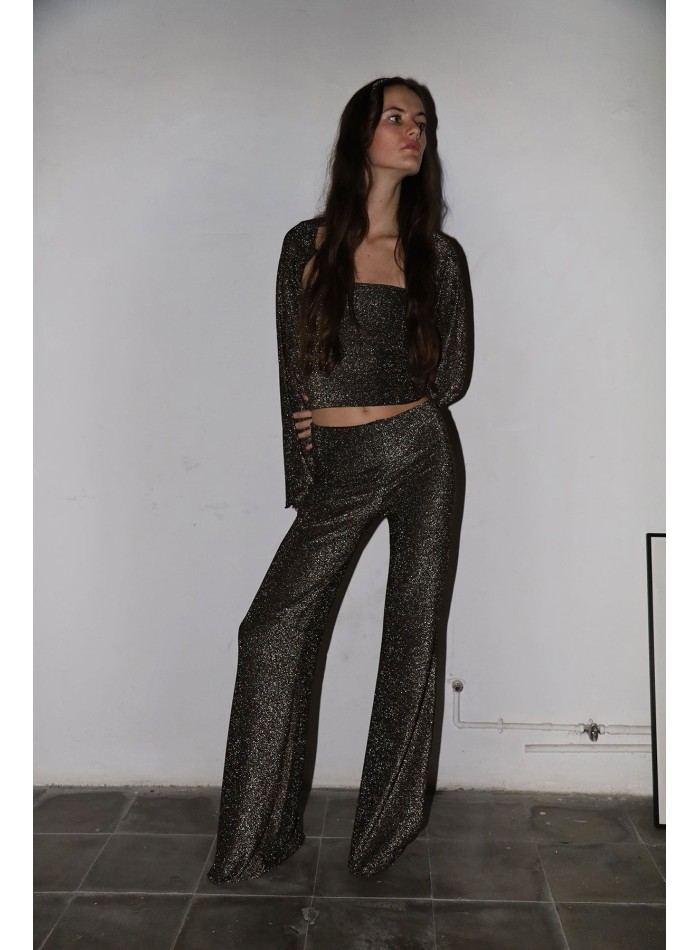 Flared long party trousers with golden glitter