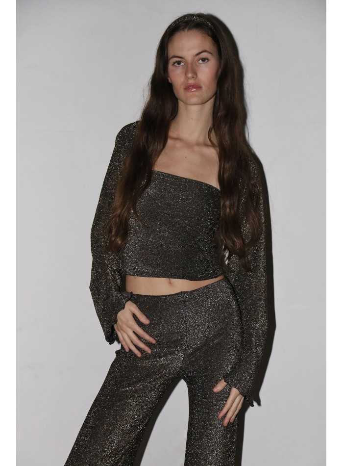 Flared long party trousers with golden glitter