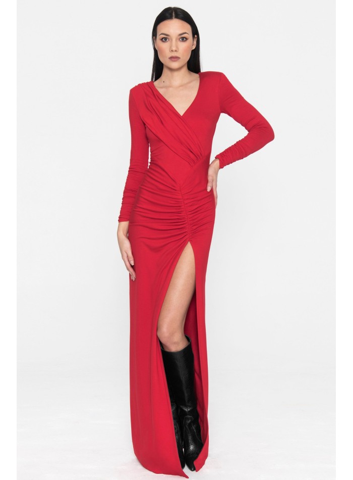 Red long party dress with long sleeves |INVITADISIMA